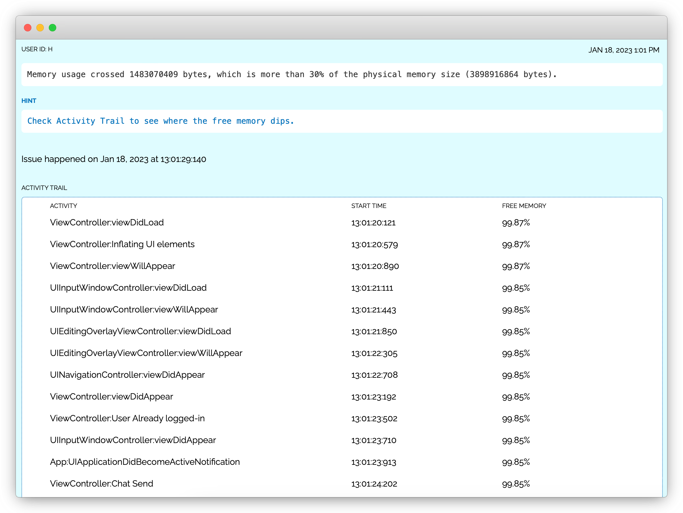 Report Bugs In Ios Apps Detect Performance Issues Memory Leaks Crashes Frame Rate Issues